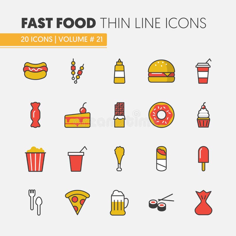 Fast Food Linear Thin Line Icons Set with Burger Pizza and Junk Food ...