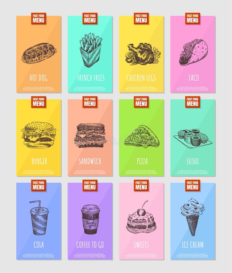 Fast Food Menu Hand Drawn Card Concept. Retro Style. Vector ...