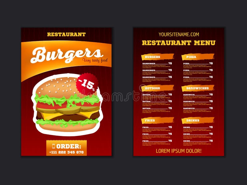 Fast Food Menu Brochure Design on a Dark Background Vector Template in ...