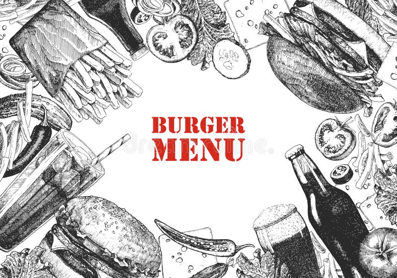 Fast Food Menu. Hand-drawn Illustration of Dishes and Products. Ink ...