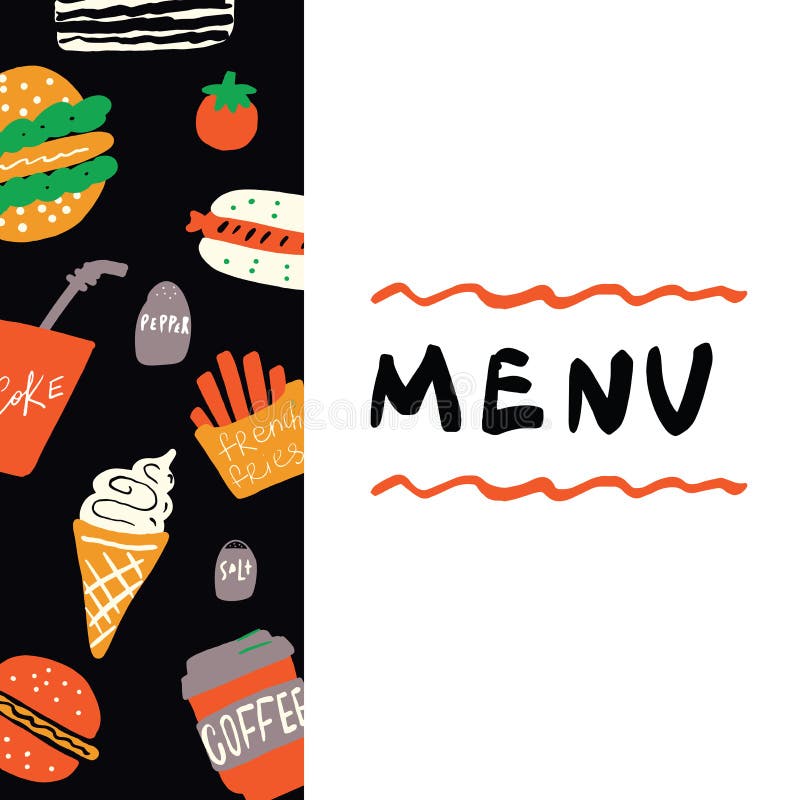 Fast Food Menu Template. Funny Hand Drawn Illustration, Made in Vector ...