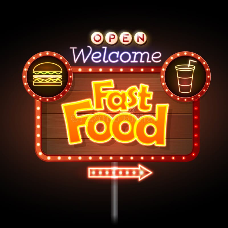 Fast Food Neon sign stock vector. Illustration of arrow - 65135090