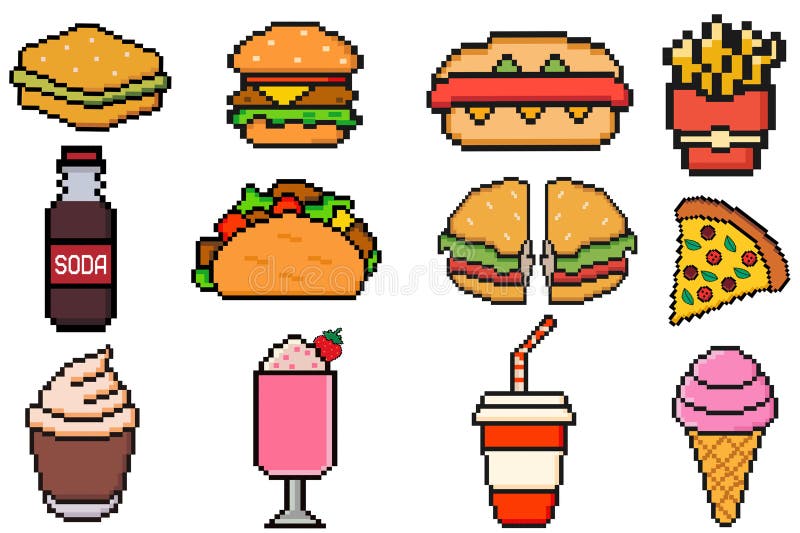 Fast Food Pixel Art Set of Icons, Fast Restaurant Pixelated Elements ...