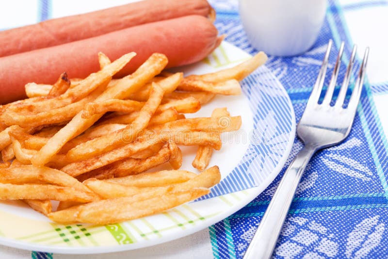 Fast Food - Potatoes and Frankfurters Stock Photo - Image of cloth ...