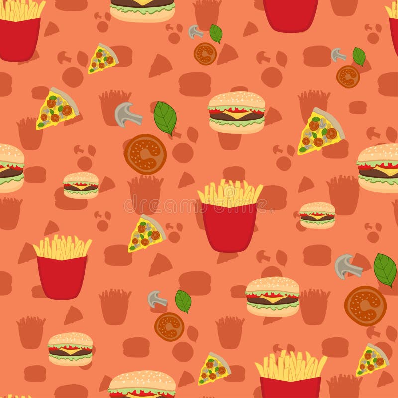 Fast Food Repeat Pattern on Orange Background with Silhouettes Stock ...