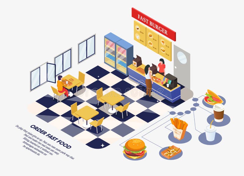 Fast Food Restaurant Interior. the Ordering Process. Man Sitting at the ...