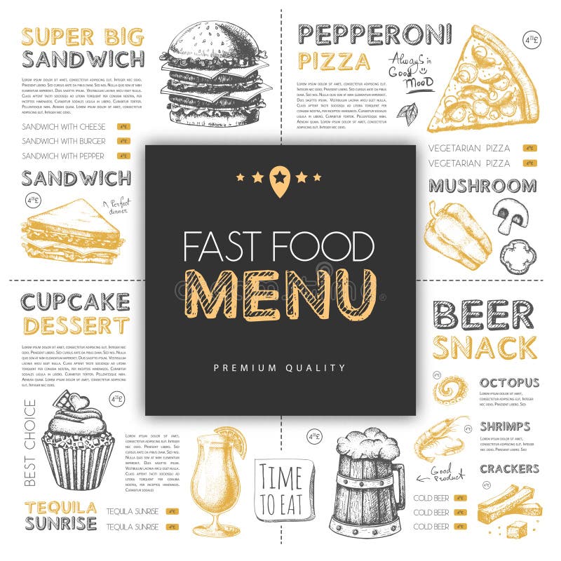 Fast Food Restaurant Menu Design with Hand Drawing Sandwich and Pizza ...