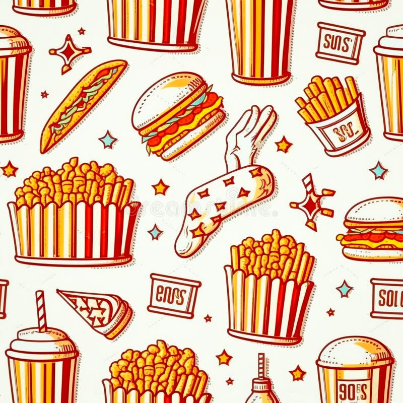 Fast Food Seamless Pattern with Line Icons, Generative AI Stock ...