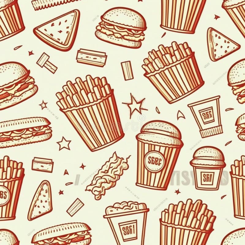 Fast Food Seamless Pattern with Line Icons, Generative AI Stock ... Fast Food Seamless Pattern with Line Icons, Generative AI Stock ...