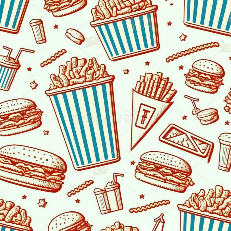 Fast Food Seamless Pattern with Line Icons, Generative AI Stock ...