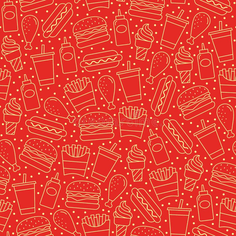 Fast Food Seamless Pattern on Red Background, Simple Outline Flat ...
