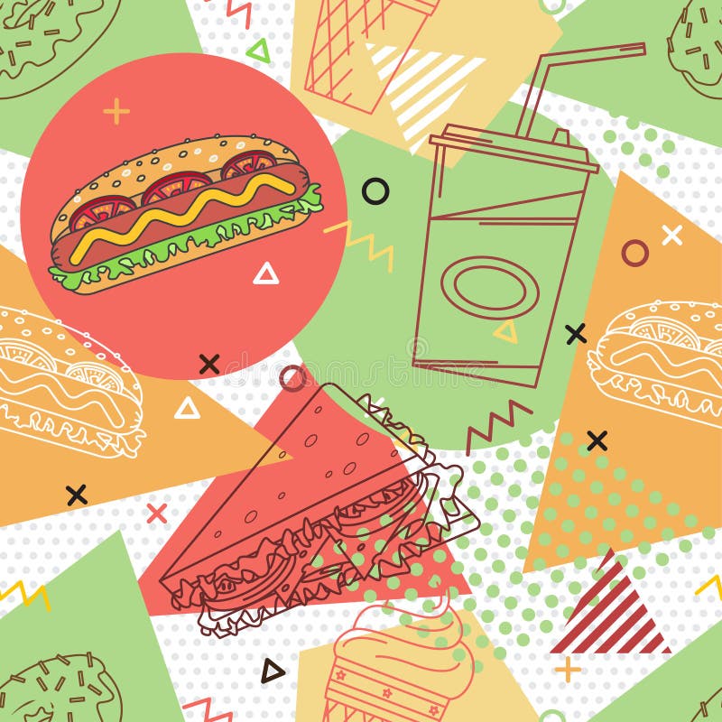 Fast Food Seamless Pattern. Trendy Geometric Elements Memphis Cards ...