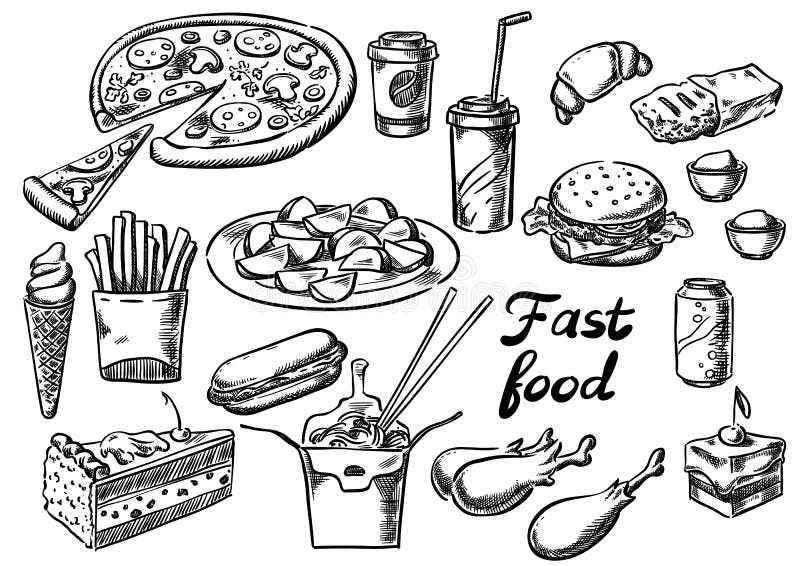 Fast Food set sketch stock vector. Illustration of cream - 84687866