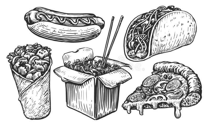 Fast Food Set Sketch. Wok Noodles, Pizza, Tacos, Hot Dog, Kebab. Street ... Fast Food Set Sketch. Wok Noodles, Pizza, Tacos, Hot Dog, Kebab. Street ...
