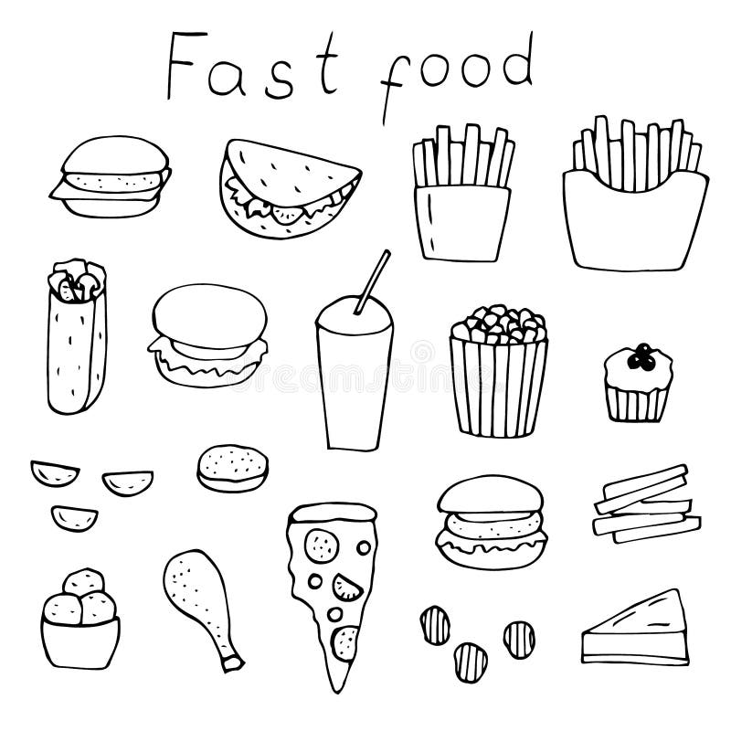 Fast Food Set Vector Illustration, Hand Drawing Doodles Stock Vector ...