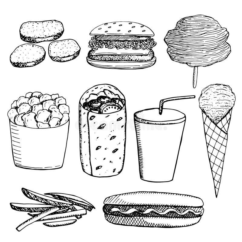 Fast Food Set Vector Illustration, Hand Drawing Sketch Stock Vector ...