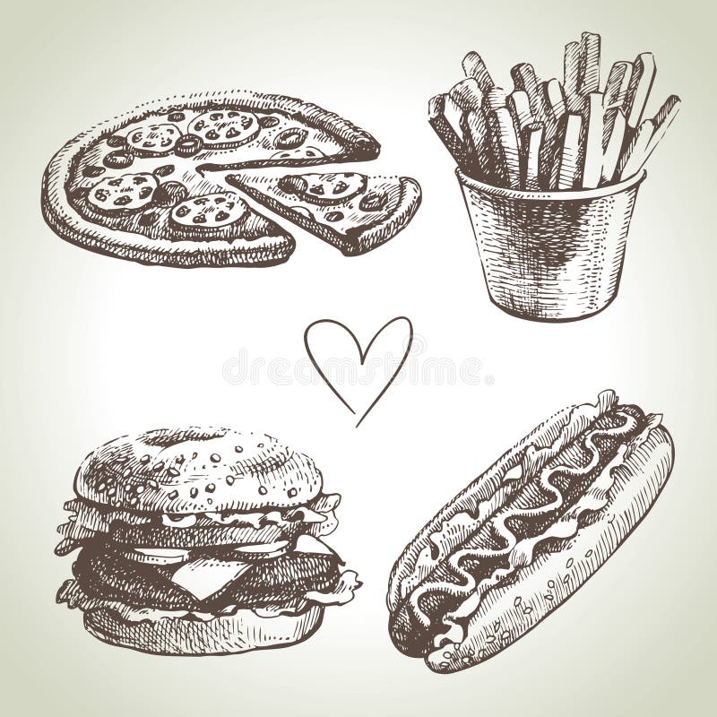 Vector Vintage Fast Food Drawing Set. Stock Vector - Illustration of ...
