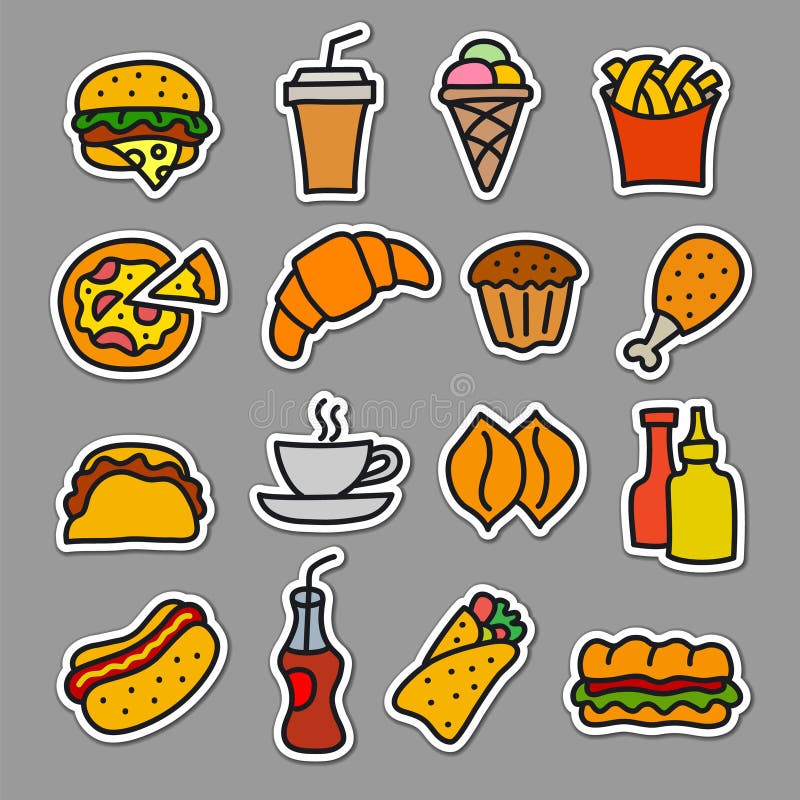 Fast food stickers stock vector. Illustration of away - 165395574