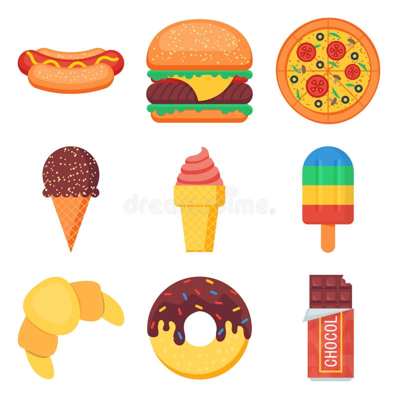 Fast Food and Sweets Flat Icons Set Stock Vector - Illustration of ...