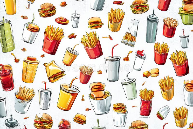 Fast Food Trash Arranged in a Repeating Pattern Over a White Background ...