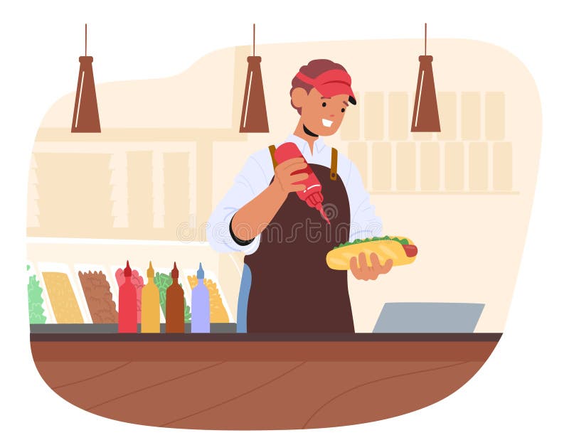 Fast Food Worker Preparing a Hot Dog Behind the Counter. Character is ...