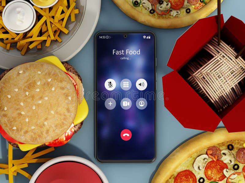 Fast Foods and Smartphone with Fast Food Calling Screen. 3D ...