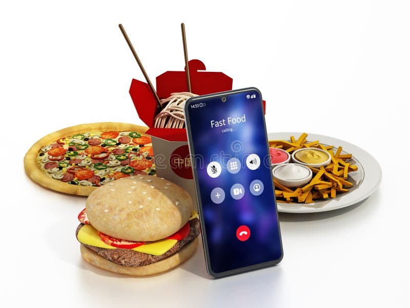 Fast Foods and Smartphone with Fast Food Calling Screen. 3D ...