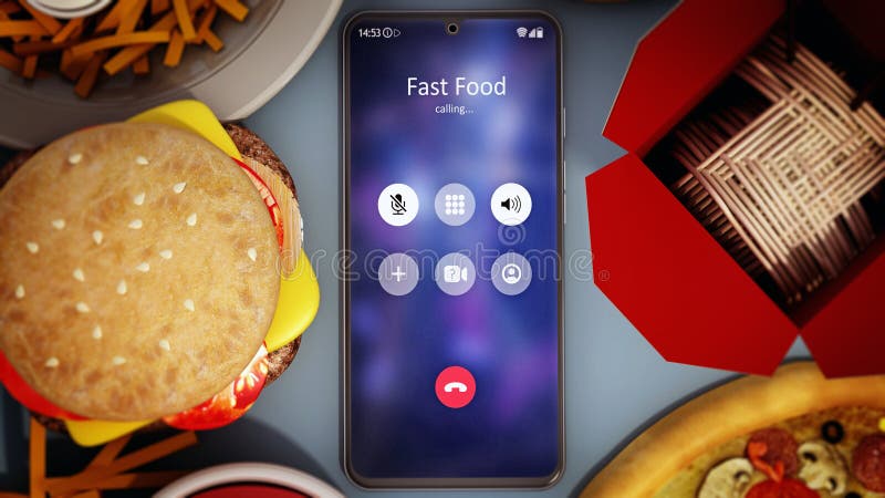 Fast Foods and Smartphone with Fast Food Calling Screen. 3D ...