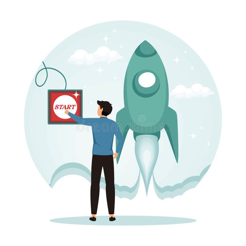 Fast Growth Corporate Concept with Rocket Vehicle and Start Button ...