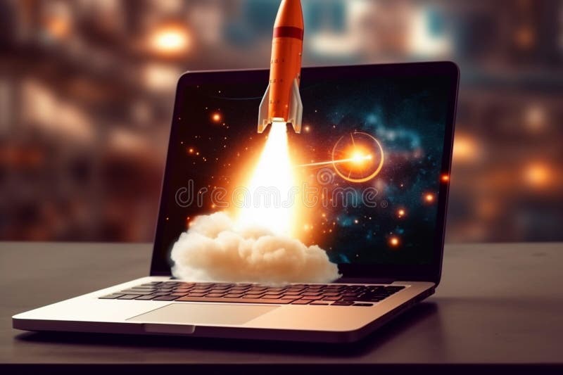 Fast Internet Concept Laptop Rocket, High-Speed Connectivity Online ...