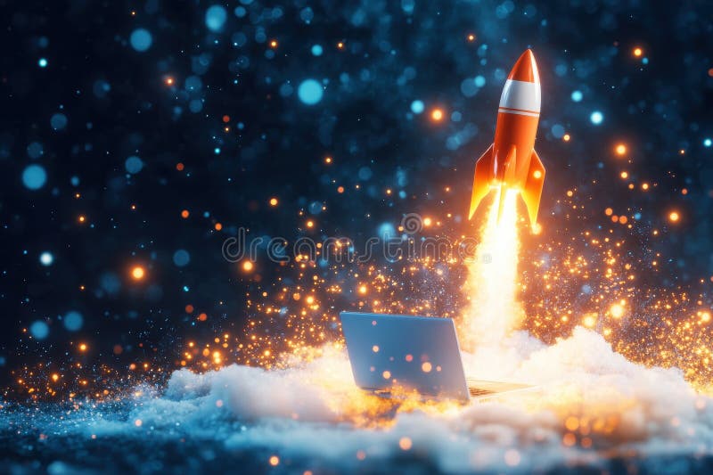 Fast Internet Concept with Laptop and Rocket Launch Stock Image - Image ...