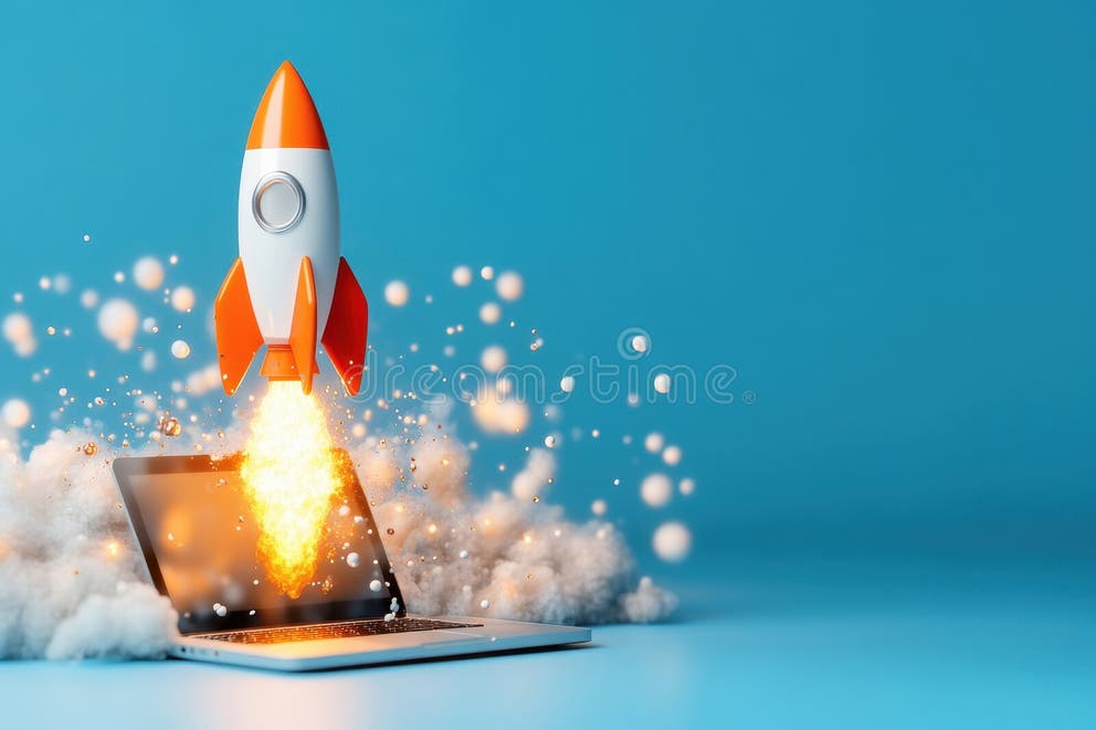 Fast Internet Concept with Laptop and Rocket Launch Stock Photo - Image ...