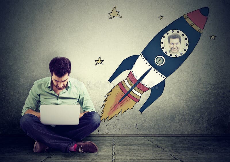 Fast Internet Concept. Technologic Man Working on Laptop Computer Stock ...