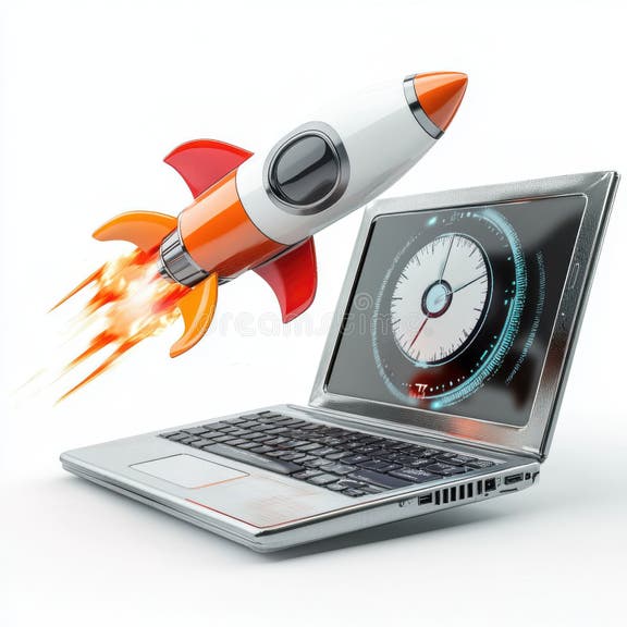 Fast Laptop Rocket Launch Speed Technology Innovation Isolated on White ...