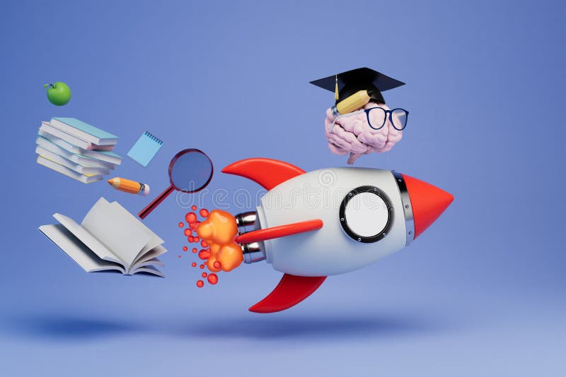 Fast Learning Concept. Brain Flying on a Rocket, Books and Other ...