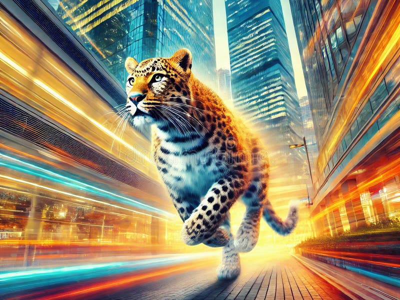 Fast Leopard Running through a Futuristic City with Neon Lights Stock ...