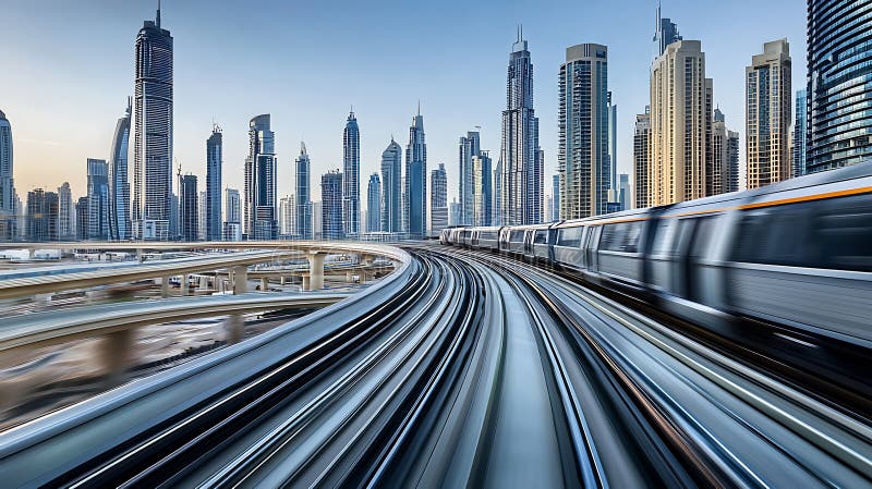 Fast Metro Train on Elevated Tracks Curving through Modern City Skyline ...