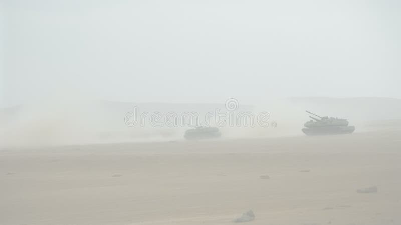Fast Military Tanks Moving on Desert Dunes and Creating a Dusty Path ...