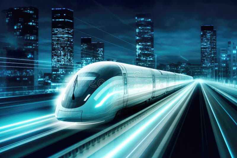 Fast Modern Train Moving through the City the Night. Generative AI ...