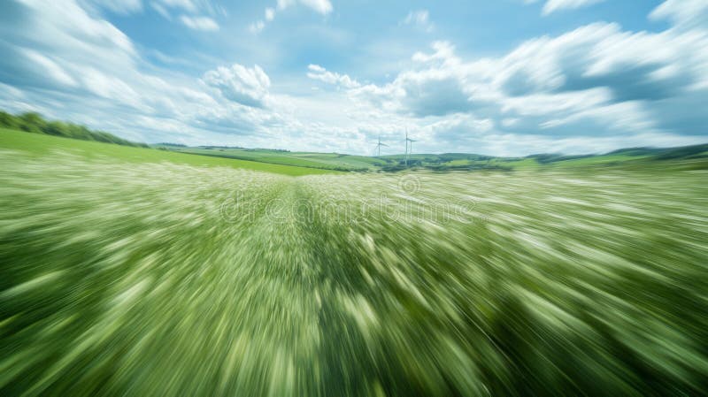 Fast Motion through Green Field with Wind Turbines Stock Illustration ...