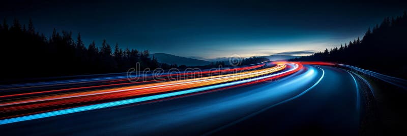 Fast Motion Light Trails on a Dark Winding Road at Dusk, Motion Blur ...