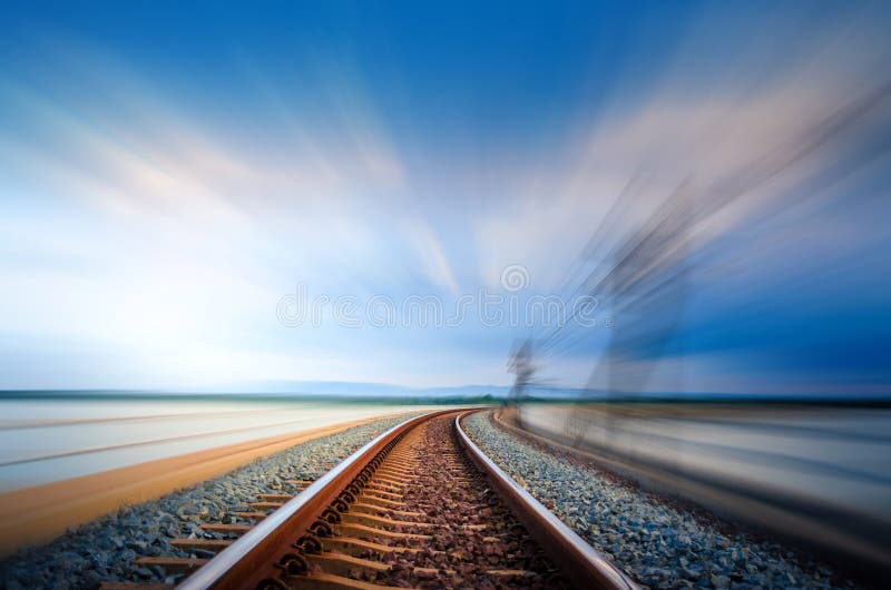 Motion on Railroad Bridge Curve Track Over the Lake, Blue Sky Stock ...