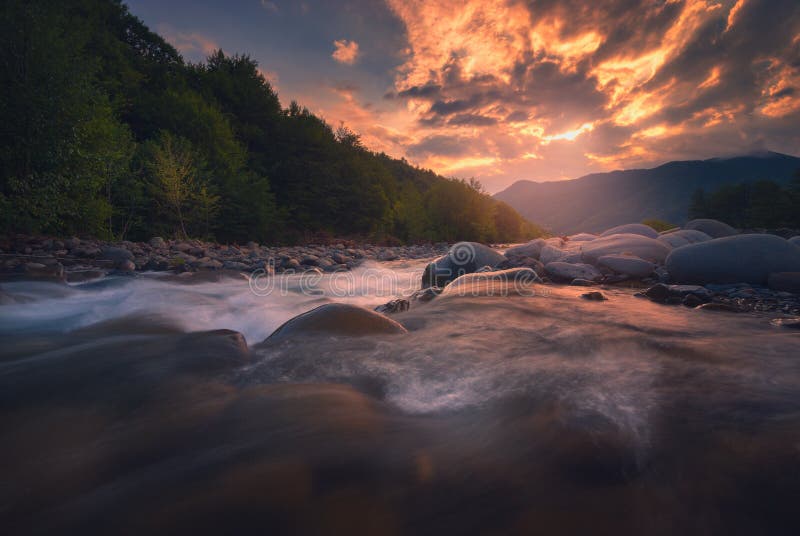 Fast Mountain River Flowing in Sunset Time Stock Photo - Image of dusk ... Fast Mountain River Flowing in Sunset Time Stock Photo - Image of dusk ...