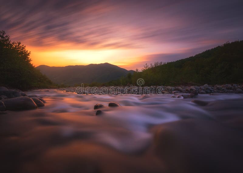 Fast Mountain River Flowing in Sunset Time Stock Image - Image of ... Fast Mountain River Flowing in Sunset Time Stock Image - Image of ...