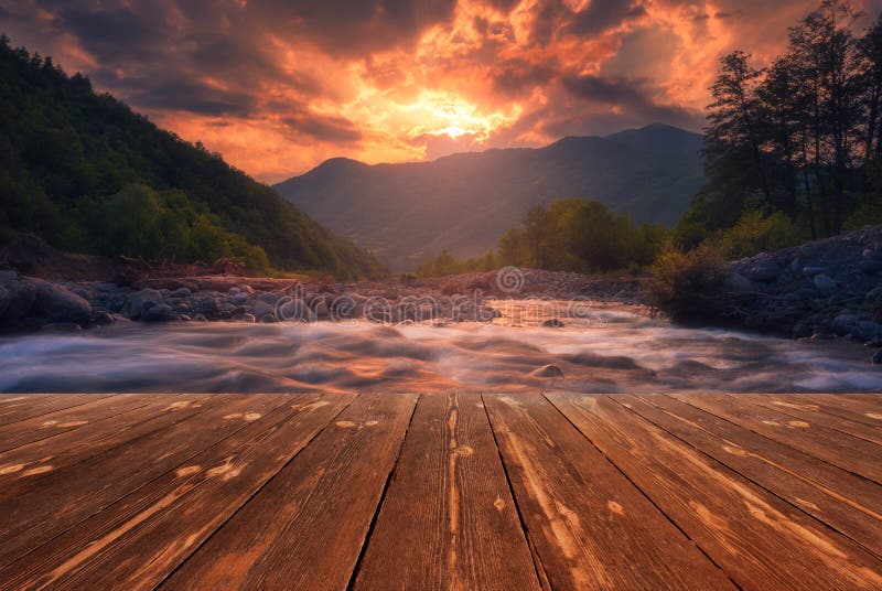 Fast Mountain River Flowing with Empty Wooden Batten Bridge. Natural ...