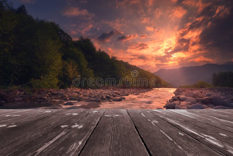 Fast Mountain River Flowing with Empty Wooden Batten Bridge. Natural ...
