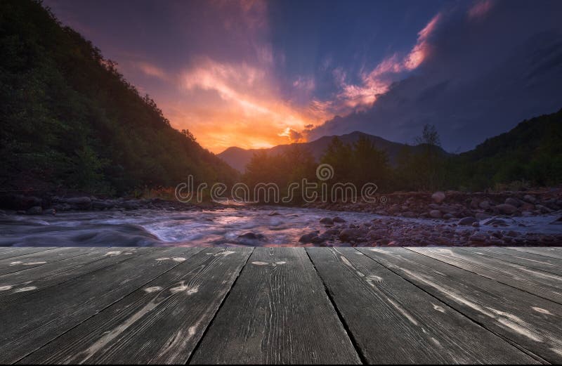 Fast Mountain River Flowing with Empty Wooden Batten Bridge. Natural ...