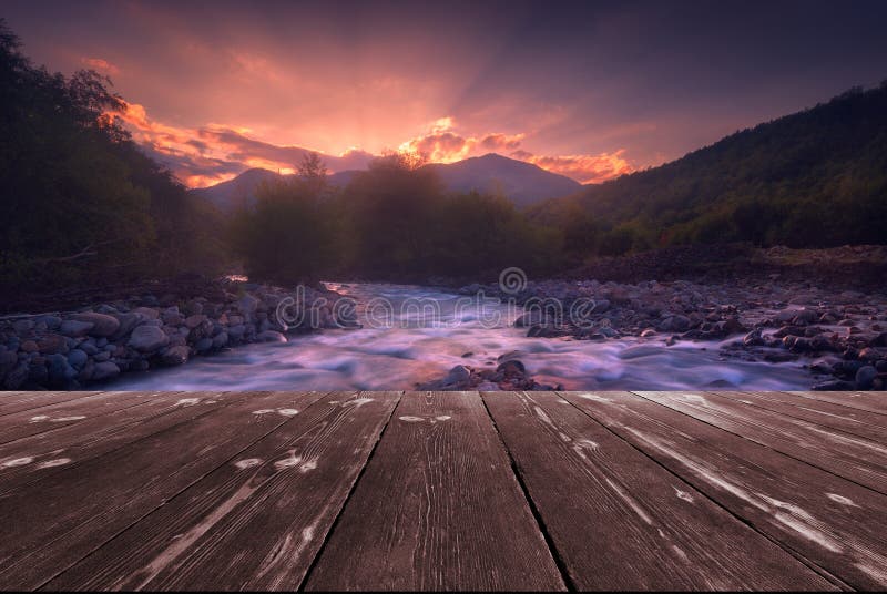 Fast Mountain River Flowing with Empty Wooden Batten Bridge. Natural ...