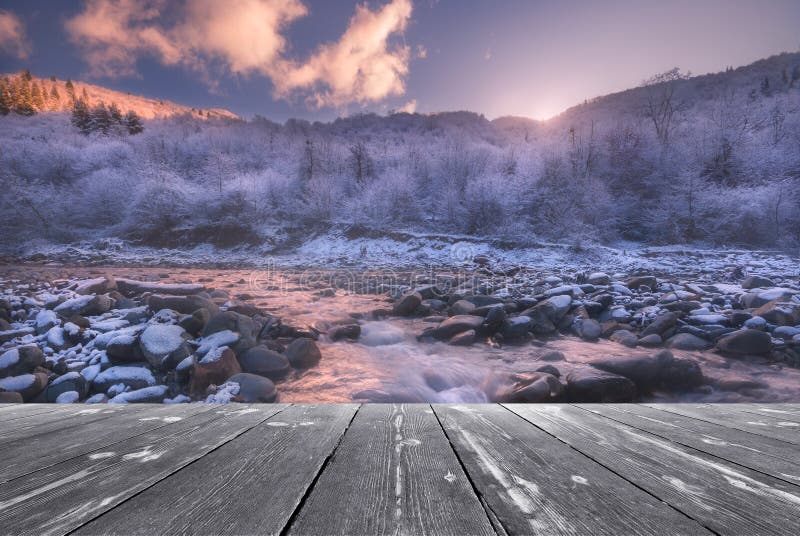 Fast Mountain River Flowing with Empty Wooden Batten Bridge. Natural ...