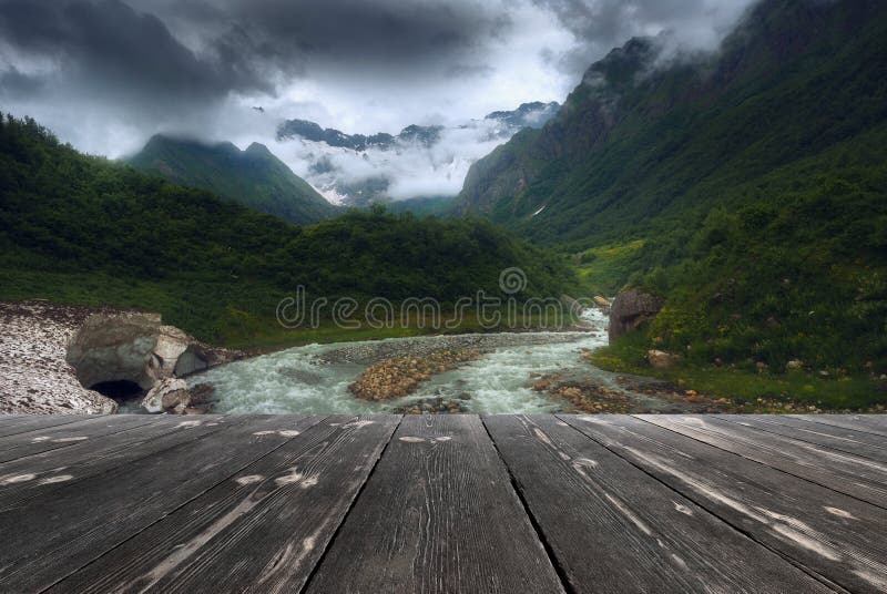 Fast Mountain River Flowing with Empty Wooden Batten Bridge. Natural ...